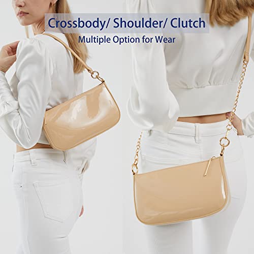 HOXIS Glossy Faux Patent Leather Women Shoulder Bag Shiny Clutch Crossbody Bag 90s Purse (Nude)