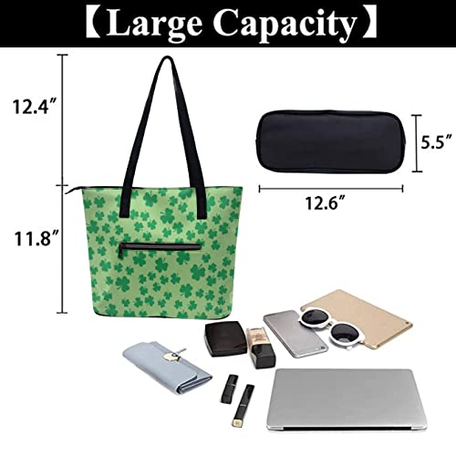 Women's Large Capacity Work Tote Bags Leather Big Purses And Handbags Ladies Waterproof Big Shoulder Commuter Bag Compatible with St Patricks Day Green Shamrock Clover Leaf Grass