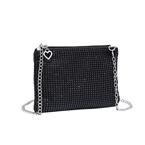 GORGLITTER Women's Rhinestone Clutch Purse Heart Chain Evening Bag Glitter Purse Handbag Black One Size