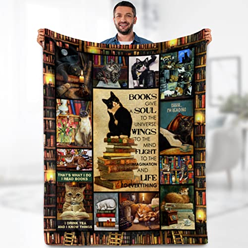 Cat Gifts Book Lovers Blanket - Cats and Books Blanket Kitten Print Throw Blankets for Women Girls, Soft Flannel Fleece with Black Cat Reading Blanket Gifts for Kids Teen Adults Reader 60" x 50"