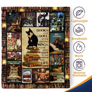 Cat Gifts Book Lovers Blanket - Cats and Books Blanket Kitten Print Throw Blankets for Women Girls, Soft Flannel Fleece with Black Cat Reading Blanket Gifts for Kids Teen Adults Reader 60" x 50"