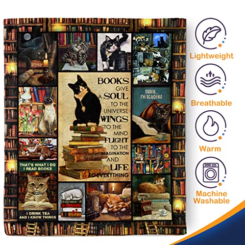 Cat Gifts Book Lovers Blanket - Cats and Books Blanket Kitten Print Throw Blankets for Women Girls, Soft Flannel Fleece with Black Cat Reading Blanket Gifts for Kids Teen Adults Reader 60" x 50"