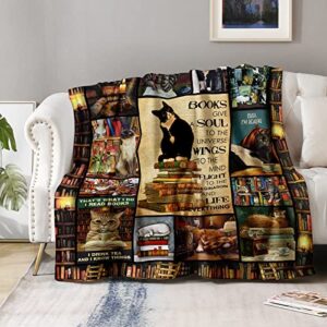 Cat Gifts Book Lovers Blanket - Cats and Books Blanket Kitten Print Throw Blankets for Women Girls, Soft Flannel Fleece with Black Cat Reading Blanket Gifts for Kids Teen Adults Reader 60" x 50"