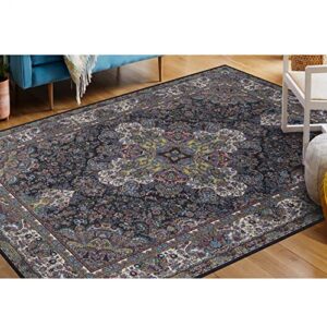 superior washable indoor large area rug, southwestern home decor, floor rugs for living space, dining room, kitchen, office, bedroom, vintage geometric aesthetic, cardinal collection, 6′ x 9′, black