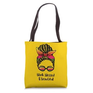 black history month, blessed & beautiful black woman braids tote bag