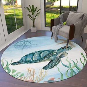 ocean life round area rug 5 ft, sea turtle starfish world underwater pattern soft throw rug non-slip washable carpet for kid’s room, nursery, living room, bedroom, teen’s room, modern home decor