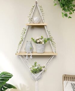 afuly macrame hanging shelves 2 tiers floating shelf natural wood wall shelves chic boho decor, pine wood cotton rope bohemian floating plants storage for bedroom bathroom living room, beige