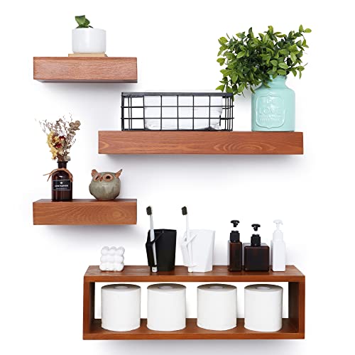 Floating Shelves Set of 4, Solid Wood Wall Mounted Country Rustic Bathroom Shelves Over Toilet with Paper Storage Rack, Hanging Wall Shelves for Living Room, Kitchen, Bedroom