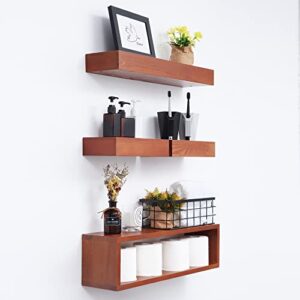 Floating Shelves Set of 4, Solid Wood Wall Mounted Country Rustic Bathroom Shelves Over Toilet with Paper Storage Rack, Hanging Wall Shelves for Living Room, Kitchen, Bedroom