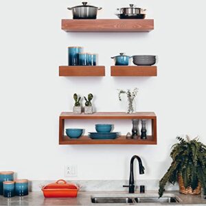 Floating Shelves Set of 4, Solid Wood Wall Mounted Country Rustic Bathroom Shelves Over Toilet with Paper Storage Rack, Hanging Wall Shelves for Living Room, Kitchen, Bedroom