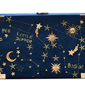 HANDAFA Elegant Velvet Clutch Handbag Star and Moon Evening Bag Chain Box Bag For Wedding Party(Teal)