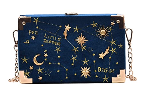 HANDAFA Elegant Velvet Clutch Handbag Star and Moon Evening Bag Chain Box Bag For Wedding Party(Teal)