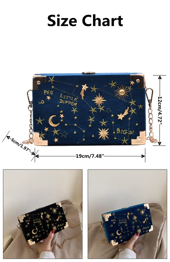 HANDAFA Elegant Velvet Clutch Handbag Star and Moon Evening Bag Chain Box Bag For Wedding Party(Teal)