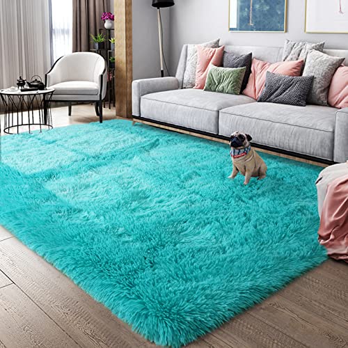 Ompaa Ultra Soft Shaggy Rugs Fluffy Bedroom Carpet, 4x6 Feet Teal Blue Area Rug, Modern Upgrade Anti-Skid Rug for Kids Girls Living Room, Dorm Aesthetics Decor