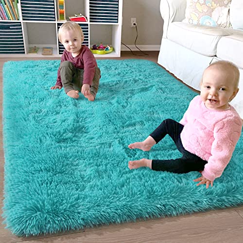 Ompaa Ultra Soft Shaggy Rugs Fluffy Bedroom Carpet, 4x6 Feet Teal Blue Area Rug, Modern Upgrade Anti-Skid Rug for Kids Girls Living Room, Dorm Aesthetics Decor