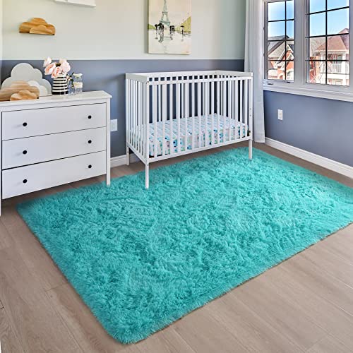 Ompaa Ultra Soft Shaggy Rugs Fluffy Bedroom Carpet, 4x6 Feet Teal Blue Area Rug, Modern Upgrade Anti-Skid Rug for Kids Girls Living Room, Dorm Aesthetics Decor