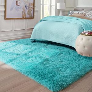 Ompaa Ultra Soft Shaggy Rugs Fluffy Bedroom Carpet, 4x6 Feet Teal Blue Area Rug, Modern Upgrade Anti-Skid Rug for Kids Girls Living Room, Dorm Aesthetics Decor