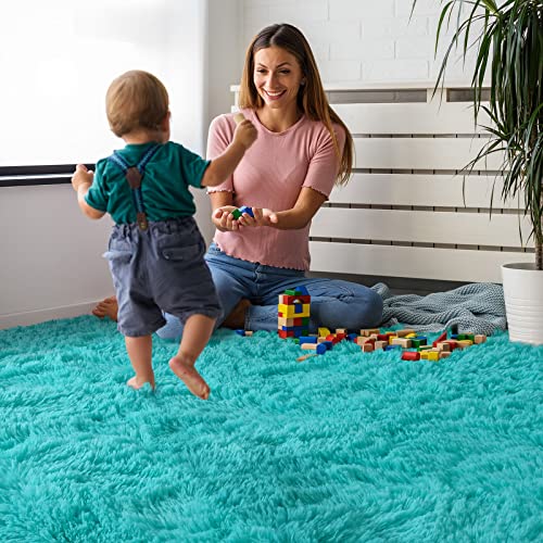 Ompaa Ultra Soft Shaggy Rugs Fluffy Bedroom Carpet, 4x6 Feet Teal Blue Area Rug, Modern Upgrade Anti-Skid Rug for Kids Girls Living Room, Dorm Aesthetics Decor