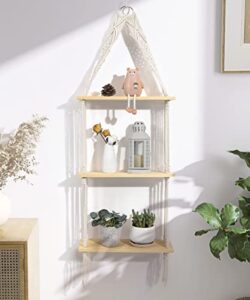 afuly hanging shelf 3 tier wall macrame boho shelves for bathroom living room wall decor, plant book storage organizer shelving toilet corner organization holder solid pine wood display