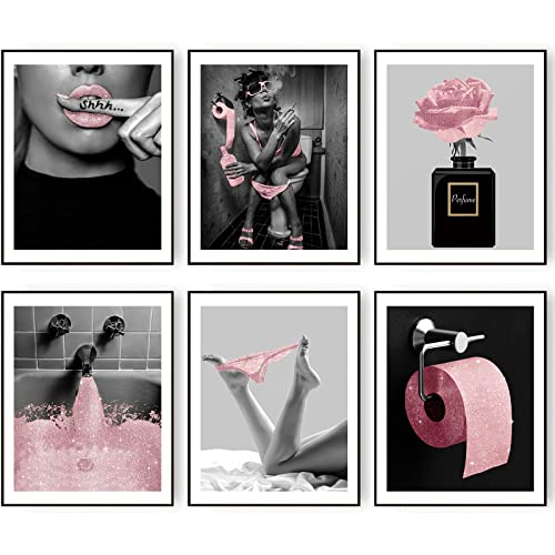 HoozGee Fashion Bathroom Wall Art Prints Decor Set of 6 Pink Glam Glitter Tissue Canvas Posters Pictures Photos Bathroom Artwork Wall Black and White Modern Women Funny Bathroom (8"x10" UNFRAMED)