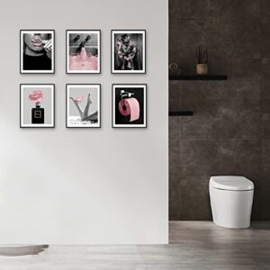 HoozGee Fashion Bathroom Wall Art Prints Decor Set of 6 Pink Glam Glitter Tissue Canvas Posters Pictures Photos Bathroom Artwork Wall Black and White Modern Women Funny Bathroom (8"x10" UNFRAMED)