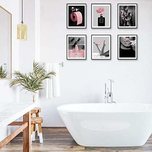 HoozGee Fashion Bathroom Wall Art Prints Decor Set of 6 Pink Glam Glitter Tissue Canvas Posters Pictures Photos Bathroom Artwork Wall Black and White Modern Women Funny Bathroom (8"x10" UNFRAMED)