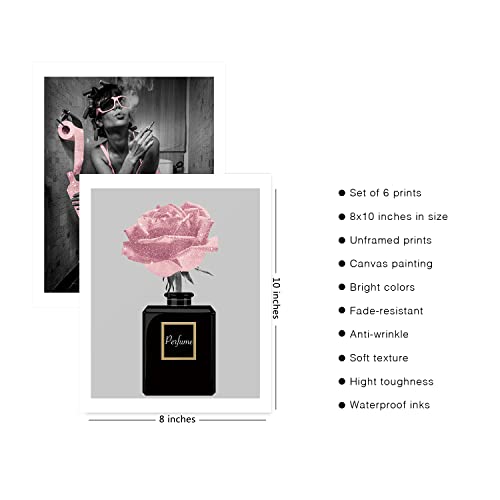 HoozGee Fashion Bathroom Wall Art Prints Decor Set of 6 Pink Glam Glitter Tissue Canvas Posters Pictures Photos Bathroom Artwork Wall Black and White Modern Women Funny Bathroom (8"x10" UNFRAMED)