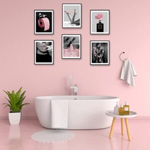 HoozGee Fashion Bathroom Wall Art Prints Decor Set of 6 Pink Glam Glitter Tissue Canvas Posters Pictures Photos Bathroom Artwork Wall Black and White Modern Women Funny Bathroom (8"x10" UNFRAMED)