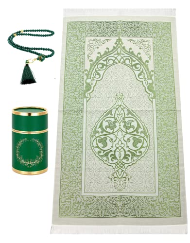 Prien Muslim Prayer Rug, Prayer Beads, Figured Cylinder Gift Box, Muslim Set Pearl Tasbih, Sajadah, Elegant Islamic Gifts, Soft Praying Mats, Light Prayer Carpet Mat, Taffeta Fabric (Green)