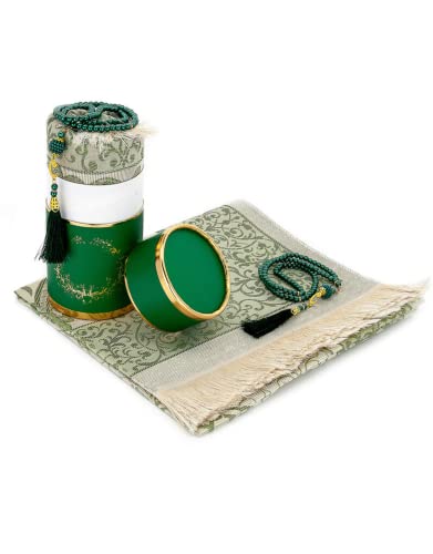 Prien Muslim Prayer Rug, Prayer Beads, Figured Cylinder Gift Box, Muslim Set Pearl Tasbih, Sajadah, Elegant Islamic Gifts, Soft Praying Mats, Light Prayer Carpet Mat, Taffeta Fabric (Green)