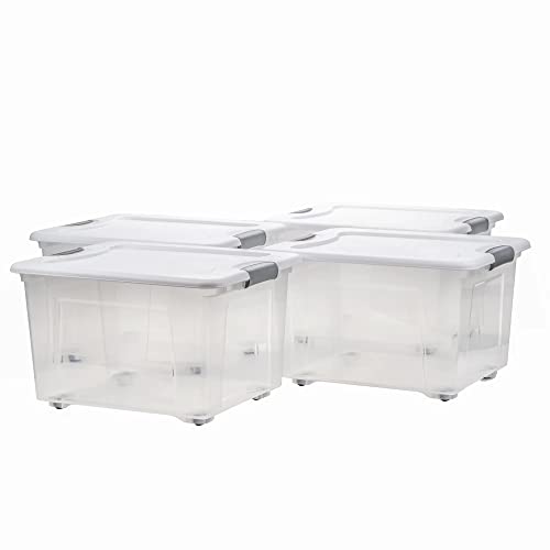 35L PP Plastic Storage Bin Tote Organizing Container With Wheels and Lid, Stackable and Nestable Snap Lid Plastic Storage Bin, Set of 4.