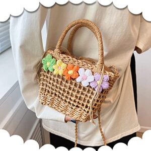 QTKJ Straw Bag Beach Bag small crossbody bags for women Bohemian Handmade Flowers Woven Bag(Khaki)