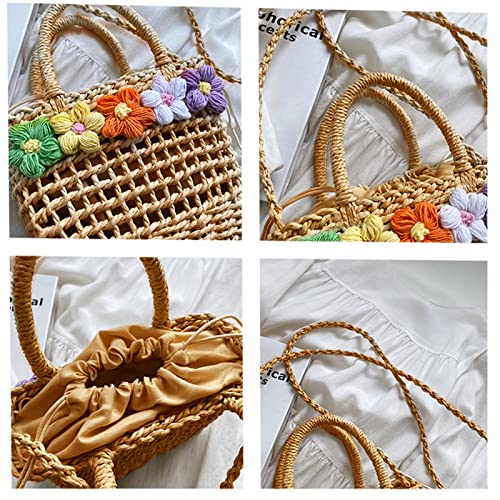 QTKJ Straw Bag Beach Bag small crossbody bags for women Bohemian Handmade Flowers Woven Bag(Khaki)