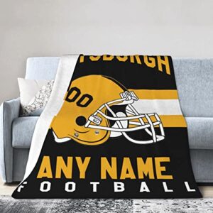 RUNMIND Pittsburgh Blanket Custom Blankets Personalized Fleece Throw Blankets Name Number for Fans Gifts, Black Yellow, 50''x40''/60''x50''/80''x60''