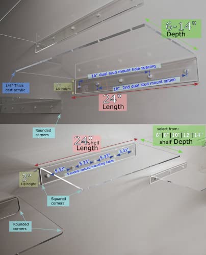 24" Long Clear Floating Shelf (8" deep)