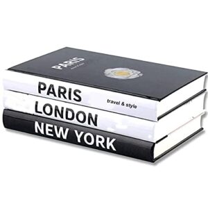 hfpengzan 3pcs decorative books for home decor, hardcover blank faux book decor, fake display book for living room, entryway, coffee table, bookshelf decor (new york, paris, london)