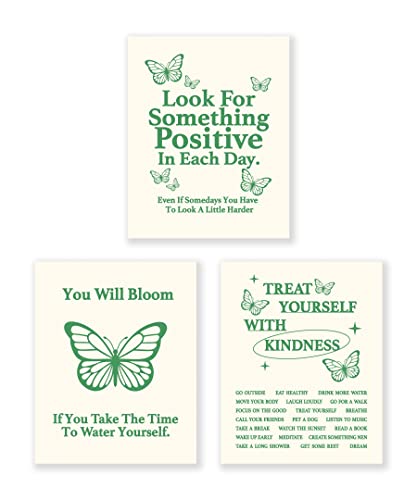 LiTiu Inspirational Quotes Butterfly Look for Something Positive in Each Day Retro Green Trendy Wall Art Poster Prints Decor, 8”x10”Set Of 3, Preppy Artwork Girls Gifts for Women, Decorations For Girls Room