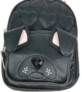 Betsey Johnson Mini Dog Puppy Backpack Black with Heart Jewel Nose Bulldog Great Gift Idea Women's Fashion Bag Tote Handbag Purse