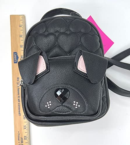 Betsey Johnson Mini Dog Puppy Backpack Black with Heart Jewel Nose Bulldog Great Gift Idea Women's Fashion Bag Tote Handbag Purse