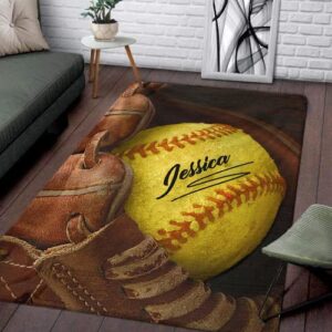 custom gloves ball softball yellow indoor area rug carpet welcome doormat for camping swimming pool classroom hotel barbershop dental for girl, women, adult gifts for sport lovers