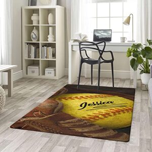 Custom Gloves Ball Softball Yellow Indoor Area Rug Carpet Welcome Doormat for Camping Swimming Pool Classroom Hotel Barbershop Dental for Girl, Women, Adult Gifts for Sport Lovers