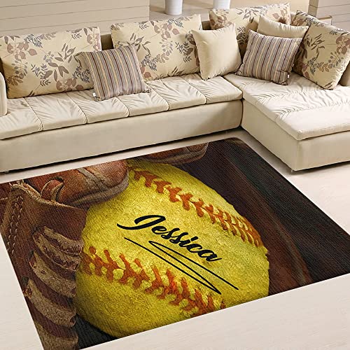 Custom Gloves Ball Softball Yellow Indoor Area Rug Carpet Welcome Doormat for Camping Swimming Pool Classroom Hotel Barbershop Dental for Girl, Women, Adult Gifts for Sport Lovers