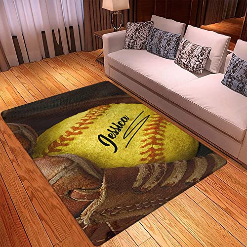 Custom Gloves Ball Softball Yellow Indoor Area Rug Carpet Welcome Doormat for Camping Swimming Pool Classroom Hotel Barbershop Dental for Girl, Women, Adult Gifts for Sport Lovers