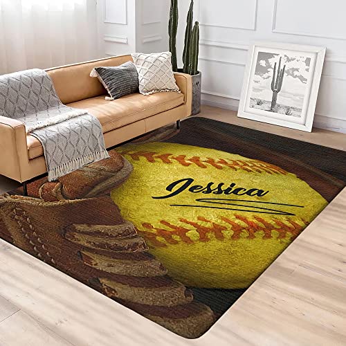 Custom Gloves Ball Softball Yellow Indoor Area Rug Carpet Welcome Doormat for Camping Swimming Pool Classroom Hotel Barbershop Dental for Girl, Women, Adult Gifts for Sport Lovers