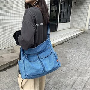 Denim Shoulder Bag Travel Tote for Women Hobo Tote Bag Casual Canvas Bag Retro Crossbody Bag Large Capacity Purse (Blue-A)