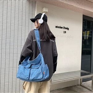 Denim Shoulder Bag Travel Tote for Women Hobo Tote Bag Casual Canvas Bag Retro Crossbody Bag Large Capacity Purse (Blue-A)