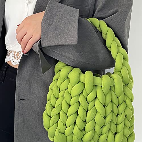 OXYPLAY Thick Bulky Giant Wool Handwoven Handbag,Chunky Yarn Knit Shoulder Bag,Casual Soft Shopper Purse,Braided Knot DIY Bucket Bag (Green)