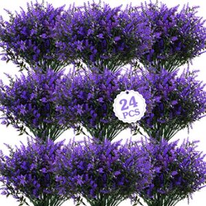 janinka 24 bundles artificial lavender flowers false outdoor flowers uv resistant plastic artificial plants fake shrubs flowers greenery bushes for outdoor garden home porch box decor(purple)