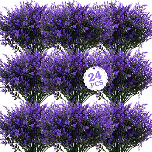 Janinka 24 Bundles Artificial Lavender Flowers False Outdoor Flowers UV Resistant Plastic Artificial Plants Fake Shrubs Flowers Greenery Bushes for Outdoor Garden Home Porch Box Decor(Purple)