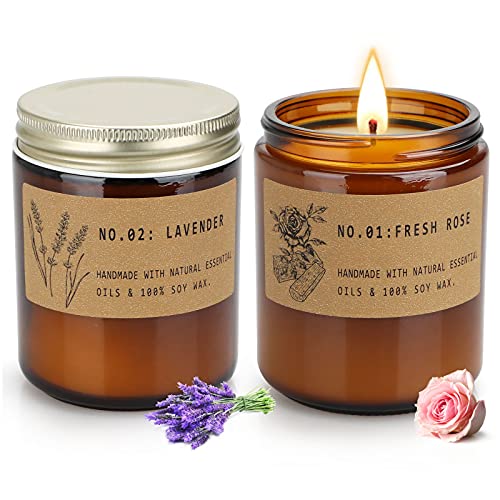 Lavender& Rose Candles for Home Scented,2 Pack Aromatherapy Candles Gift Set for Women,7.1 oz Soy Wax Candles and 8% Essential Oils,100 Hours Burn Time,Thank You Gifts for Women Who Have Everything.